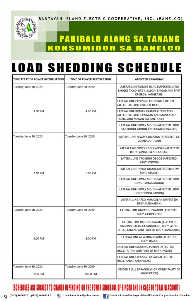 Load Shedding Schedules – Bantayan Electric Cooperative, Inc