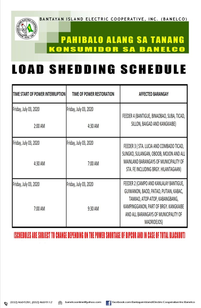 Load Shedding Schedules – Bantayan Electric Cooperative, Inc