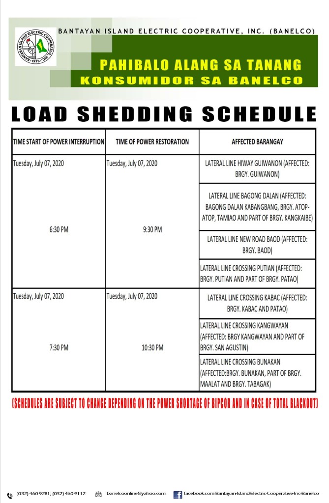 Load Shedding Schedules – Bantayan Electric Cooperative, Inc