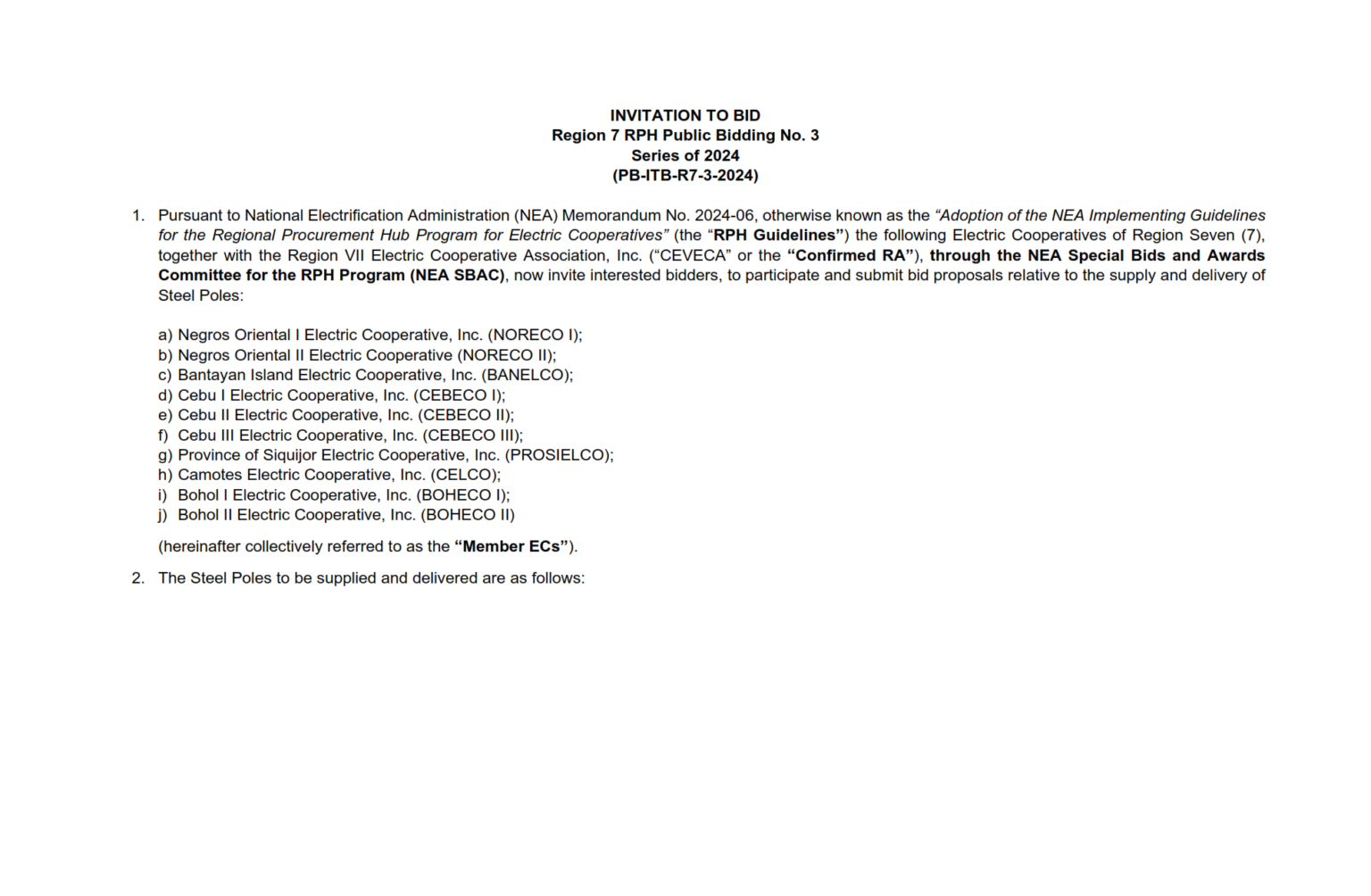 REGION 7 RPH PUBLIC BIDDING NO. 3 – Bantayan Electric Cooperative, Inc